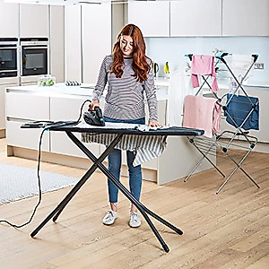 Minky Ergo Prozone Ironing Board | Made in UK | Dual Iron Rest, Heat Reflective Cover, Thick Felt Underlay - Freestanding Ironing Board with Large 48" x 15" Ironing Surface (Gunmetal and Blue)