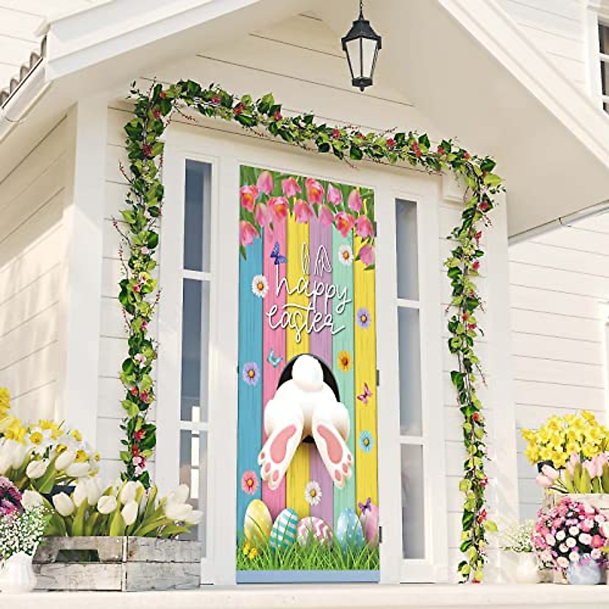 FARMNALL Easter Door CoverBunny Egg Rabbit Decor Daisy Decorations Door Banner Farmhouse Holiday Decor Pattern Easter Season Supplies for Home Office