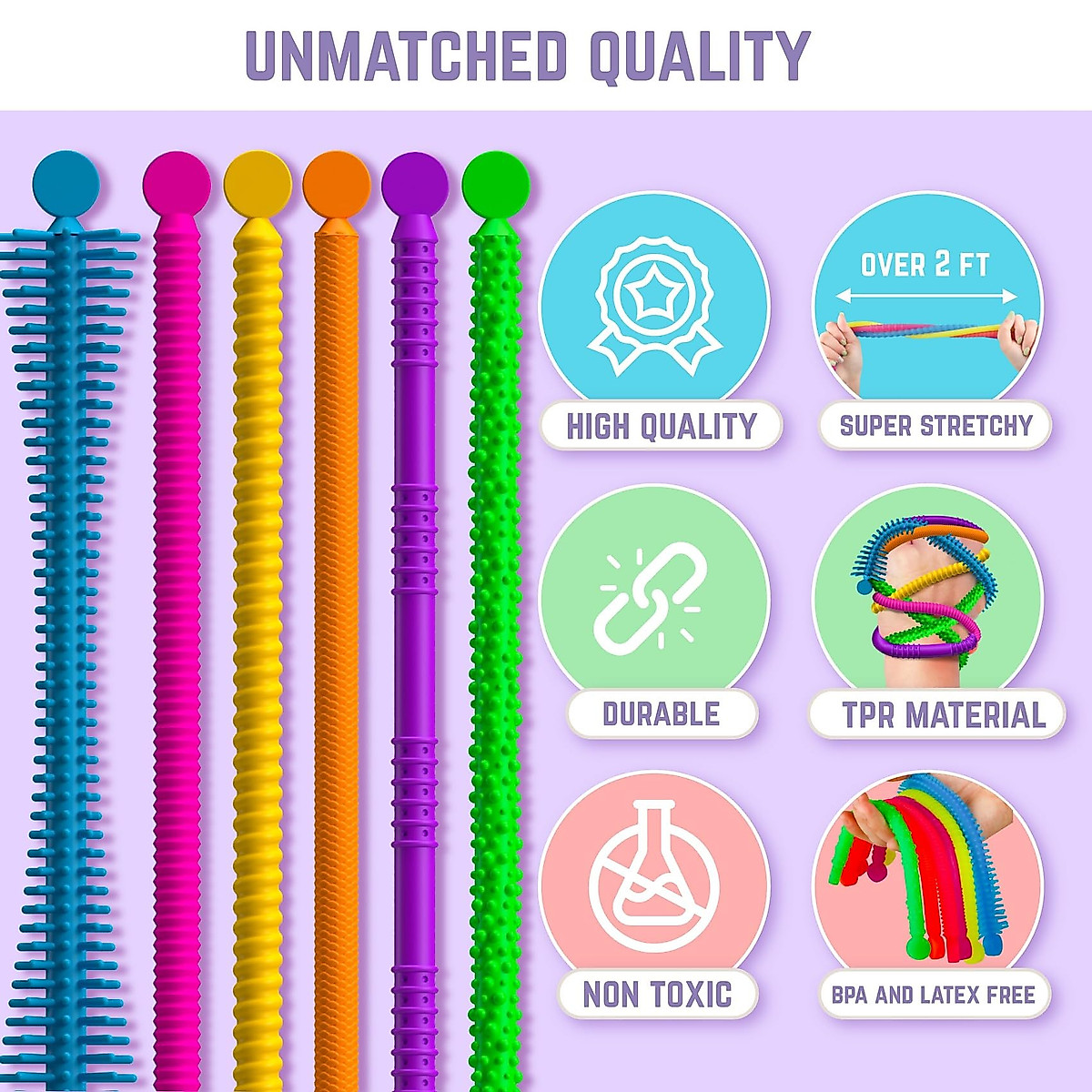 BUNMO Super Sensory Stretchy Strings 6pk | Calming & Textured Monkey Stretch Noodles | Sensory Toys for Autistic Children | Stress Relief & Anxiety Toys for Kids | Hours of Fun for Kids