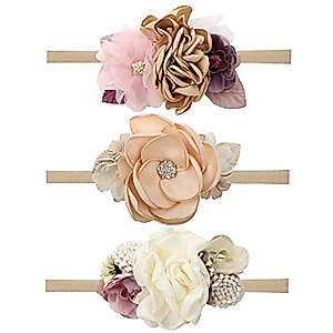 CN Baby Girls Floral Headbands Nylon Flowers Crown Hair Bow Elastic Bands For Newborn Infant Toddlers Kids Pack of 3 (6PCS White Flower Headband A) (Type7)