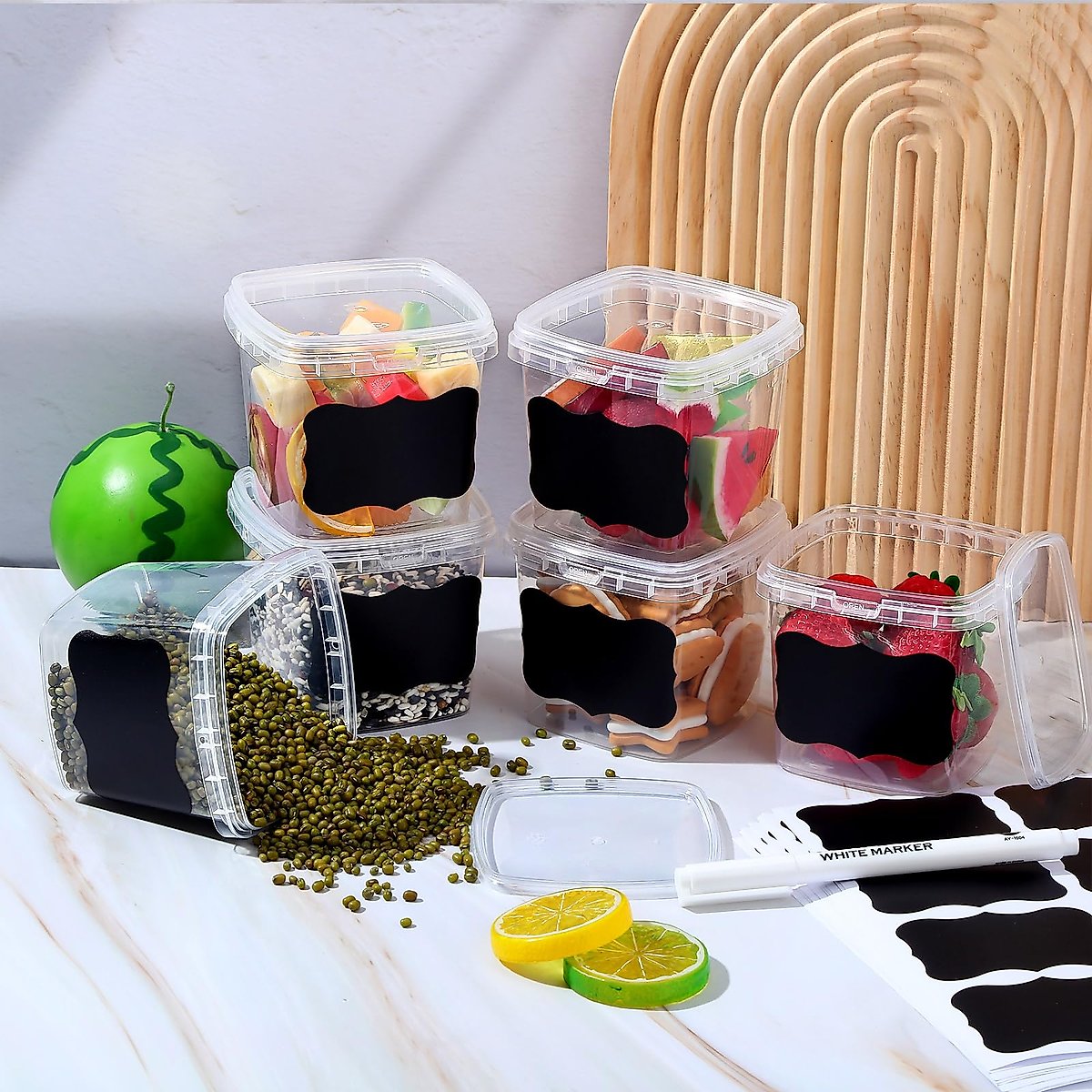 Jinei 50 Pcs 16 oz Plastic Deli Containers with Lids Clear Square Food Storage Containers Stackable Airtight Square Container with Lids with 9 Labels and Marker for Kitchen Storage Meal Take out