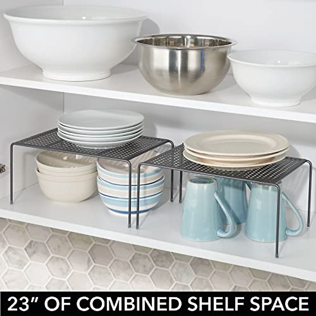 mDesign Small Raised Metal Kitchen Pantry Stacking Plate Organizer Storage Shelves, Cabinet Shelf Rack for Cupboard, or Cabinet - Store Food, Dishes, Bowls, Mugs, Concerto Collection, 2 Pack, Graphite