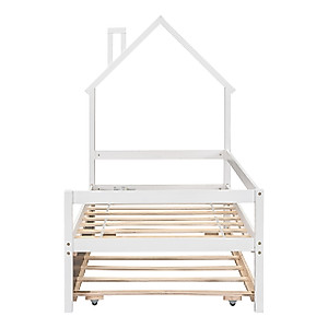 Harper & Bright Designs Twin House Bed for Kids with House-Shaped Headboard, Wood Twin Size Platform Bed with Trundle,Cute Twin Daybed Frame for Boys Girls, White