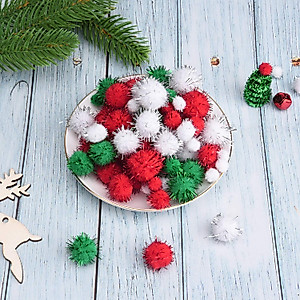 Livder Christmas Pom Poms Pompoms Red Green White Glitter Fluffy Balls, DIY Art Crafts Decorations Supplies (4 Sizes, 900 Pieces)