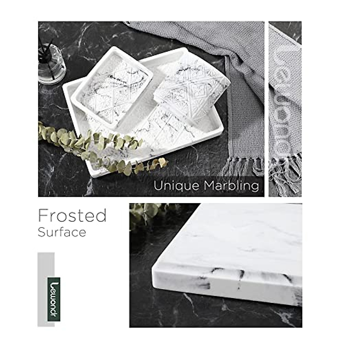 Lewondr Bathroom Accessories Set, 5-Piece Resin+Grit Embossed Bath Countertop Set with Vanity Tray, Soap Dish, Soap & Lotion Dispenser, Cotton Jar, Divided Toothbrush Holder - White