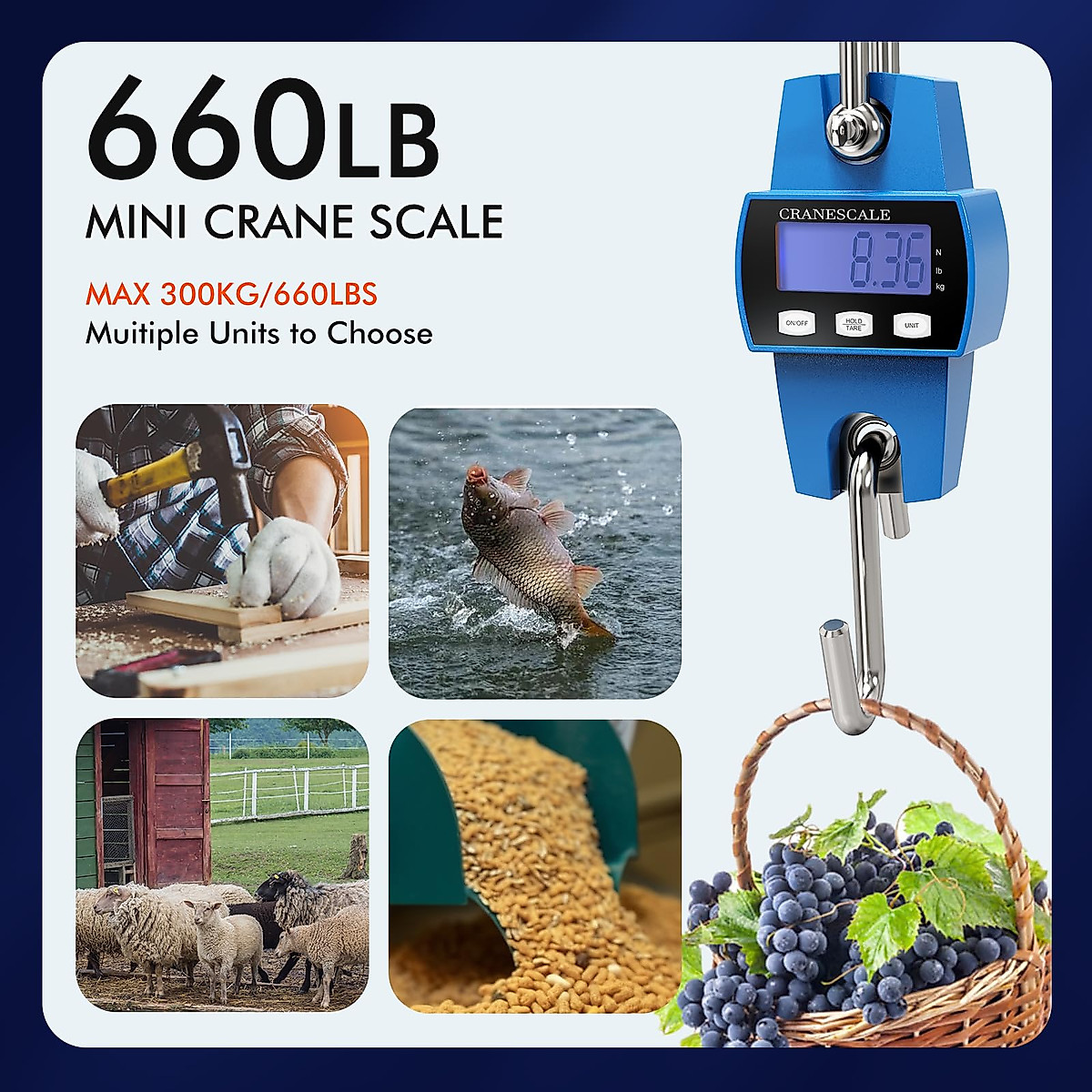 660lb Digital Hanging Weight Scale with Cast Aluminum Case,300Kg Mini Crane Scale Handheld with Metal Hooks for Luggage,Package,Fishing,Hoyer Lift (Blue)