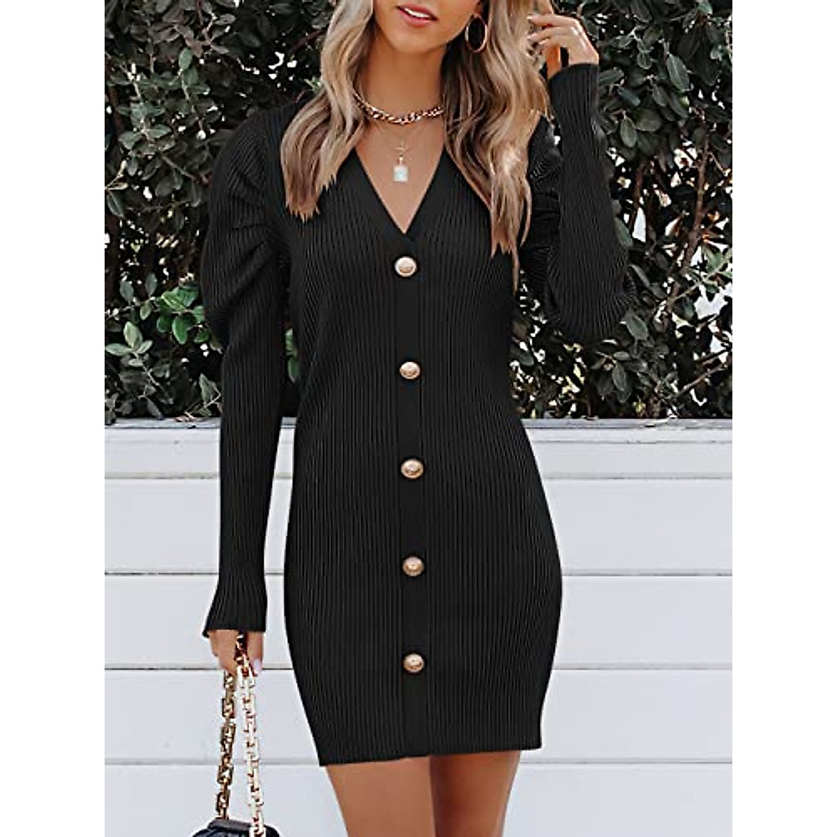 ANRABESS Women's Puff Long Sleeve V Neck Buttons Ribbed Knit Slim Fit Pullover Sweater Bodycon Mini Dress 581heise-S Black