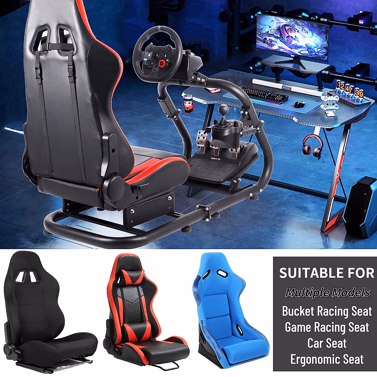 Minneer Racing Wheel Stand Simulator Cockpit Height Adjustable Gaming Steering Frame Compatible for T500,T30,T300RS,FANTEC,T3PA/TGT,logitech G25,G29,G92,G923 Wheel&Pedals Not Included