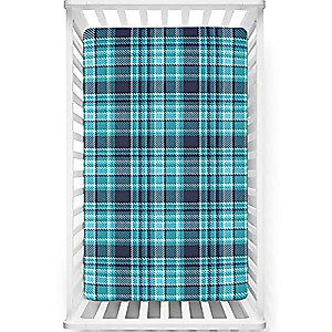 Plaid Themed Fitted Crib Sheet,Standard Crib Mattress Fitted Sheet Toddler Bed Mattress Sheets-Baby Crib Sheets for Girl or Boy,28“ x52“,Dark Blue Aqua White