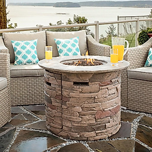 SUNBURY Outdoor Fire Pit Propane Round Fire Pit Table Fire Column, Stonecrest 40,000 BTU Gas Fire Pits for Outside w Lava Rocks, Waterproof Cover