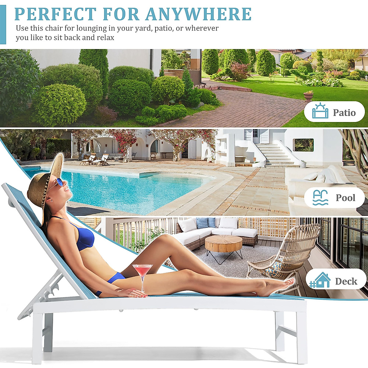 VredHom Patio Chaise Lounge Chair Set, 3PCS Outdoor Recliner Lounge Chair with Side Table, All Weather Chaise with 5 Adjustable Backrest and Lay Flat Positions for Garden, Balcony, Pool