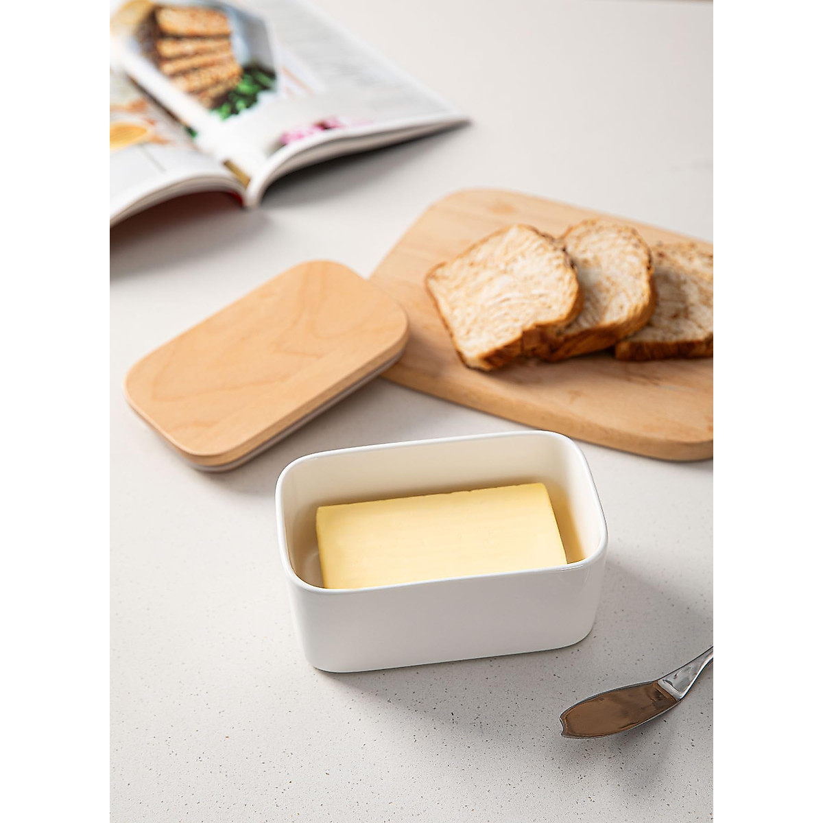 Sweese 303.101 Large Butter Dish - Airtight Butter Keeper Holds Up to 2 Sticks of Butter - Porcelain Container with Beech Wooden Lid, White