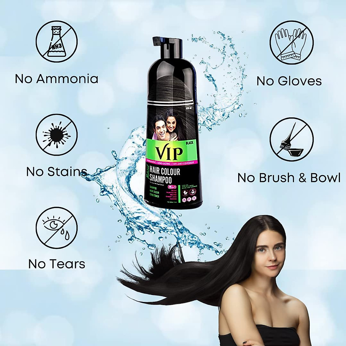 VIP 5 in 1 Hair Color Shampoo (400ml Bottle + 2 Sachets) (black) For Hairs, Mustache, Beard, Chest & hands, Ammonia Free Instant Hair Colour Can be Applied with Bare Wet hands