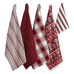 DII Assorted Pattern, Kitchen Collection, Dishtowels & Dishcloth, Garnet, 5 Piece