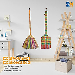 Natural Grass Broom Thai Vintage Retro Handmade Broom, Housewarming Gift, Witch Broom, Thai Broom, Broomstick, Bamboo Stick Embroidered Nylon Handle, Kong Grass Broom, Thick Broomstick, Durable Broom