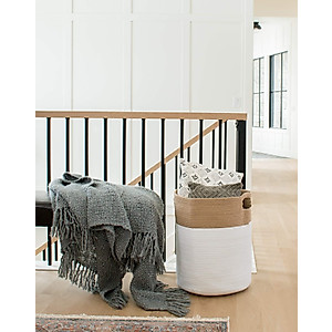 Large Living Room Blanket Basket | Tall Cotton Basket for Storage | 19 x 16 x 16 Inches | Laundry Hamper for Nursery & Bedroom | White & Tan
