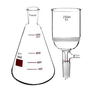 QWORK 250ml Glass Buchner Filtering Funnel and 1000 ml Erlenmeyer Flask, Thick Wall Flask with 24/40 Outer Joint
