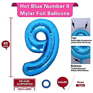 40 Inch Giant Blue Number 9 Balloon, Helium Mylar Foil Number Balloons for Birthday Party, 9th Birthday Decorations for Kids, Anniversary Party Decorations Supplies (Blue Number 9)