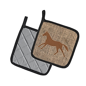 Caroline's Treasures BB1003-BL-BN-PTHD Horse Burlap and Brown Pair of Pot Holders, Brown Kitchen Heat Resistant Pot Holders Sets Oven Hot Pads for Cooking Baking BBQ, 7 1/2 x 7 1/2