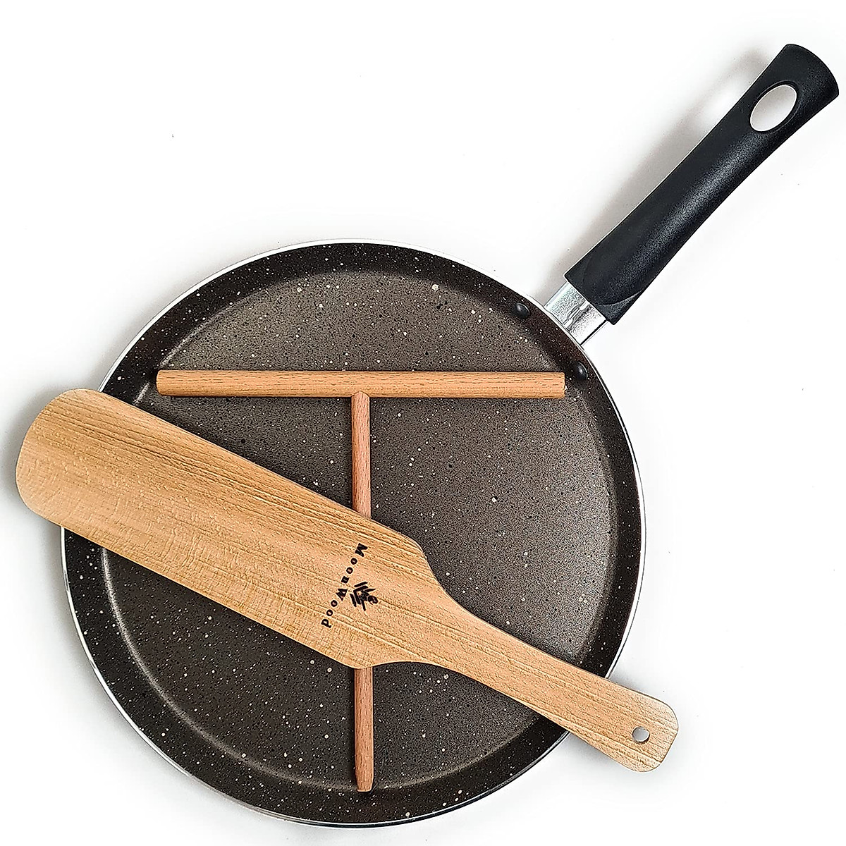 moonwood Crepe Pan, Free Nonstick Coating - Made in Europe MarbleTech Great for Crepes, Omelets, Eggs, Pancake - Dishwasher Safe 10.23 Flat - With Wooden Crepe Spreader and Spatula Set