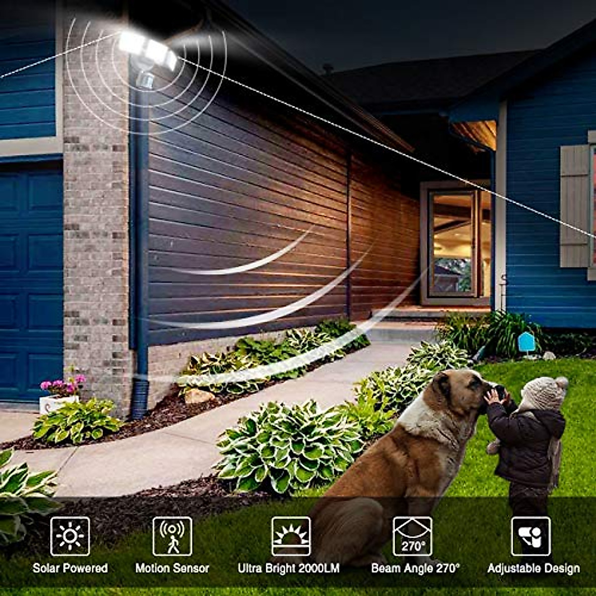 SOLLA 2000LM LED Solar Security Light Outdoor, Motion Sensor Outside Flood Light, 5000K Daylight White Waterproof Exterior Flood Lighting with 3 Adjustable Head for Yard, Driveway, Patio, Garage