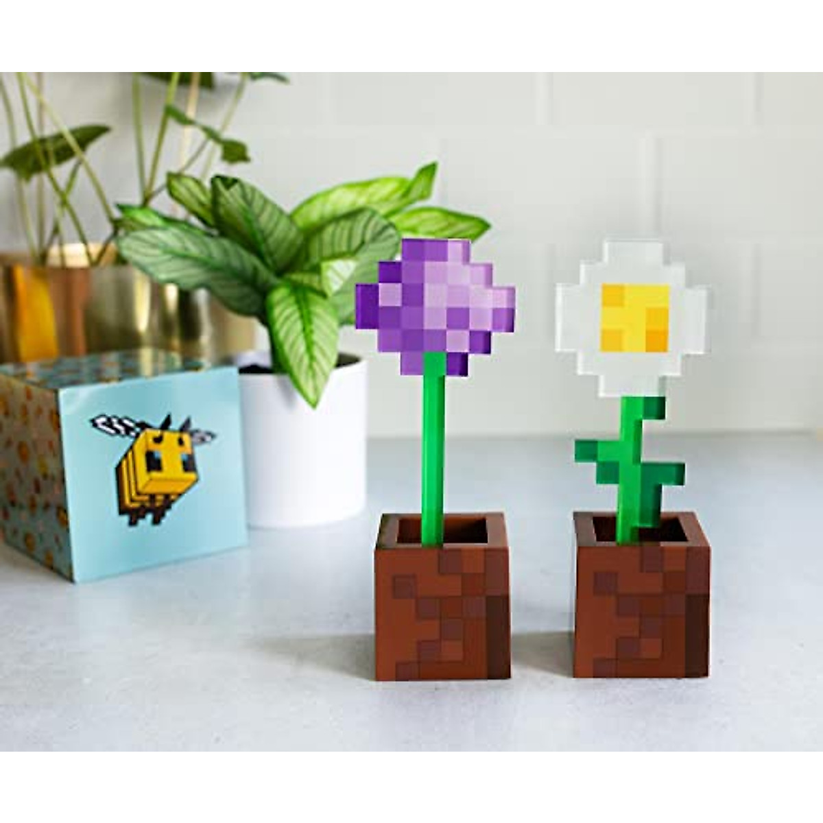 Minecraft Daisy and Allium Flower Pot Mood Lights, Set of 2 | Nightstand Table Lamp with LED Light for Bedroom, Desk, Living Room | Home Decor Room Essentials | Video Game Gifts And Collectibles