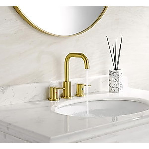TimeArrow Brushed Gold 2 Handle 8 Inch Widespread Bathroom Sink Faucet with Pop-Up Drain, High Arc Modern Bathroom Vanity Lavatory Faucet 3 Holes with Brass 360° Swivel Spout, TAF830E-PB
