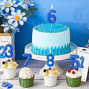 10 Pieces Number Birthday Candles 2.36 Inch Blue Stripes Numeric Birthday Candles Glitter Numbers 0-9 Birthday Cake Candle 3D Design Cake Topper Decoration for Birthday Party Wedding Decor Supplies
