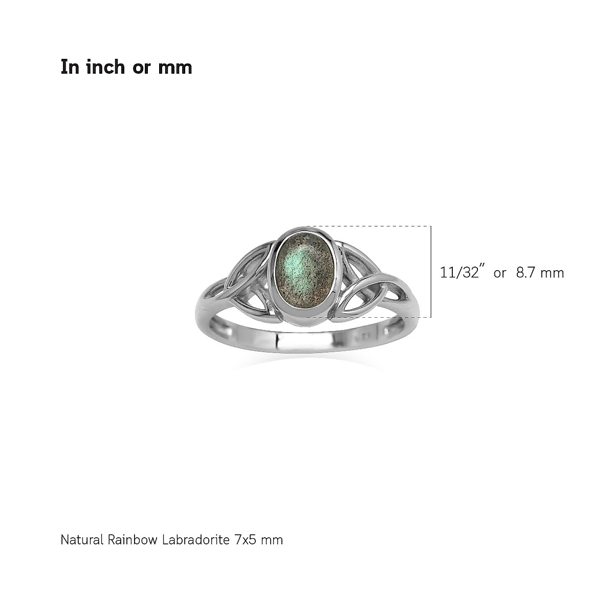 Silvershake 7x5 mm Oval Labradorite Stone 925 Sterling Silver Triquetra Celtic Knot Ring Size 5