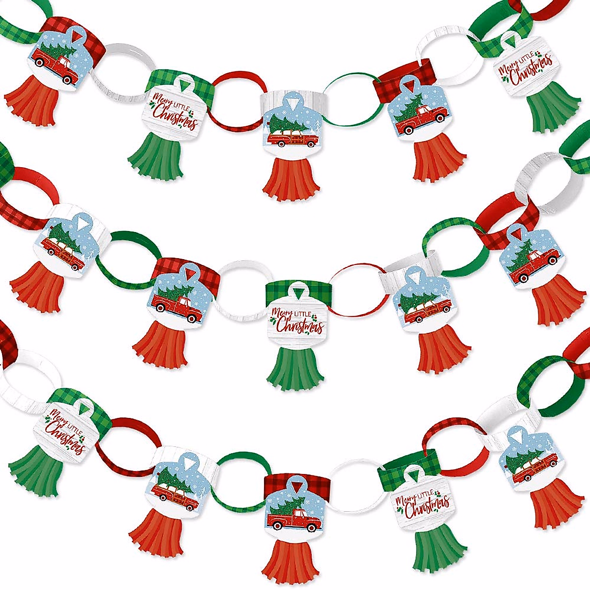 Big Dot of Happiness Merry Little Christmas Tree - 90 Chain Links and 30 Paper Tassels Decoration Kit - Red Truck and Car Christmas Party Paper Chains Garland - 21 feet