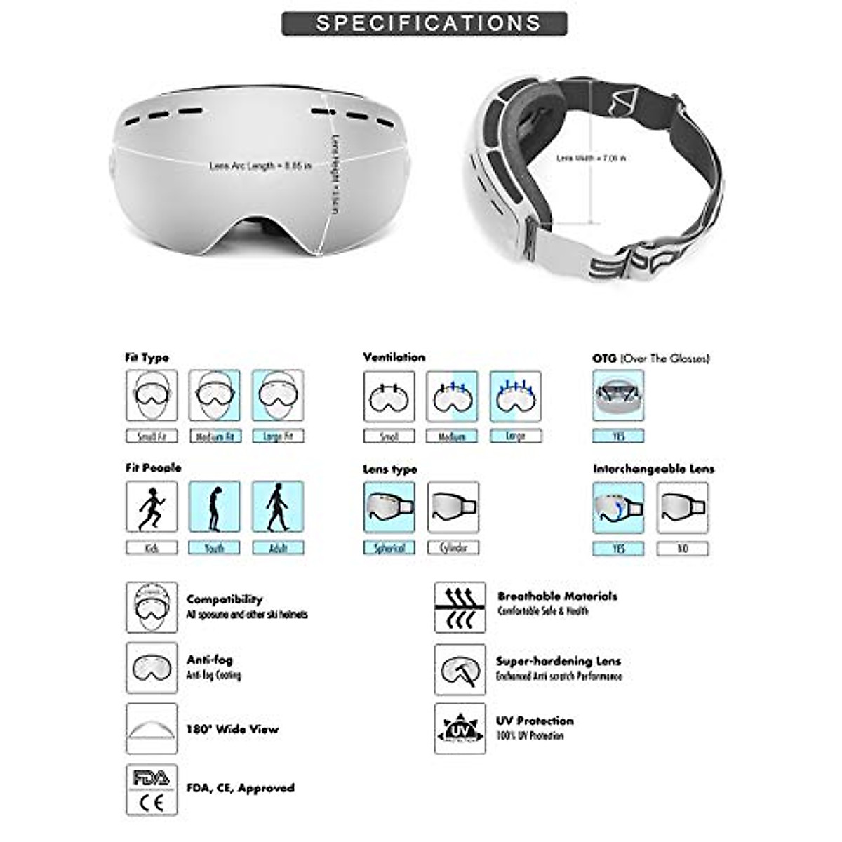 SPOSUNE Ski Goggles Over Glasses - Snow Goggle for Men Women Youth Snowboard Skiing - UV400 Anti-Fog Snowmobile Goggles