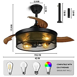 NEWORB 42 Inch Retractable Ceiling Fan with Lights, Reversible 6 Speeds Farmhouse Cage Fans Industrial Hidden Blade Ceiling Fans with Light and Remote, for Living Room, Bedroom, Patio, Black