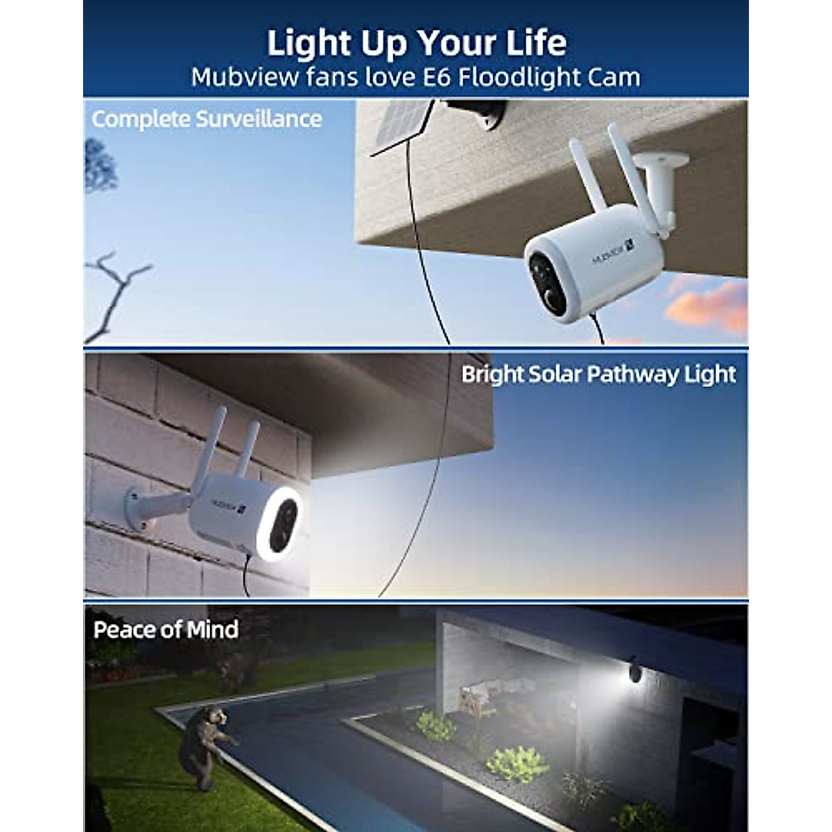 MUBVIEW Solar Security Cameras Wireless Outdoor Floodlight, 2K Outdoor Camera Wireless, Home Security Camera Outdoor, 800 Lumens Light/Siren/14000 Battery/2.4G WiFi/2-Way Talk/IP67/SD/Cloud
