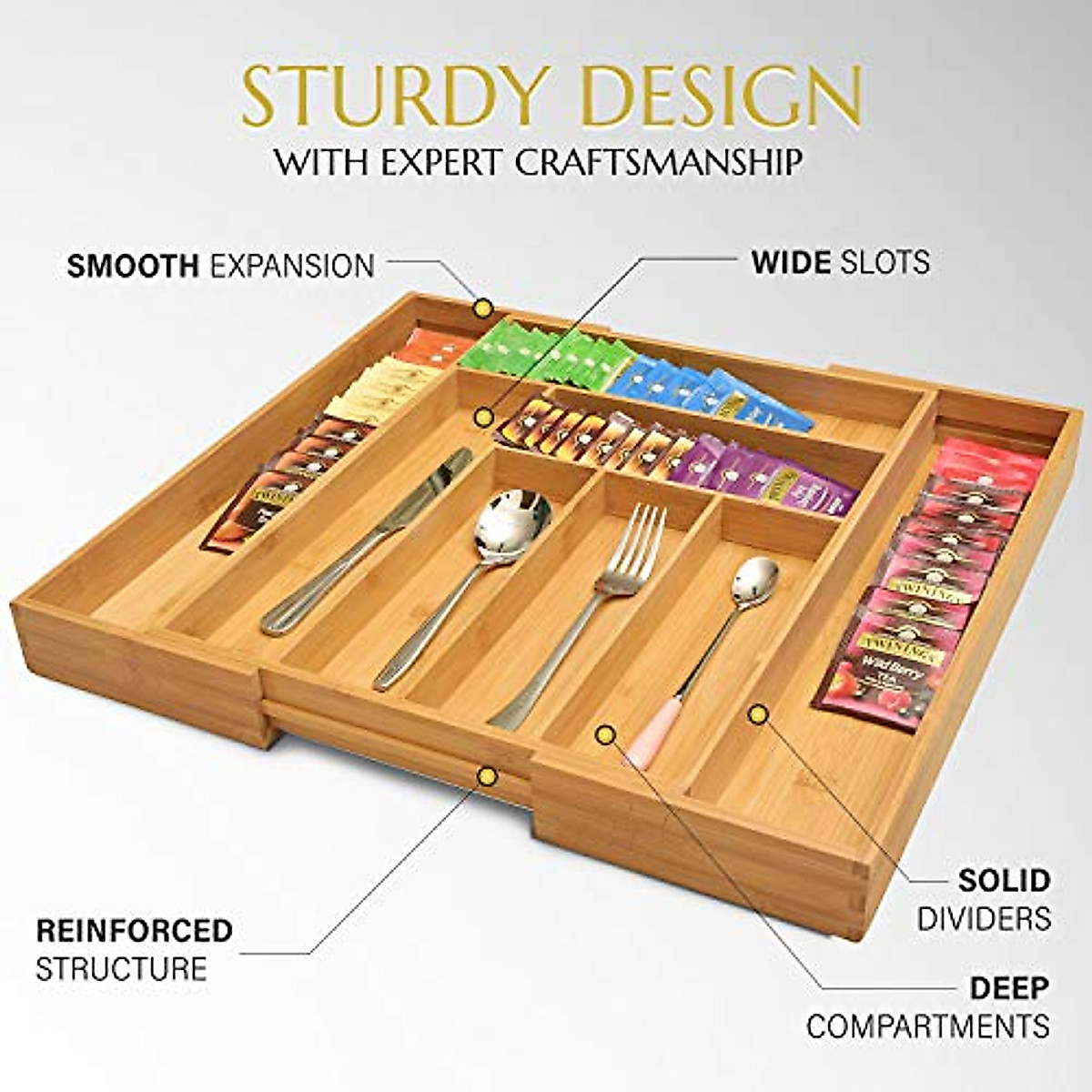 Signature Living Bamboo Expandable Utensil Drawer Organizer, Premium Bamboo for Cutlery, Flatware, Silverware - Drawer Dividers for Easy Storage