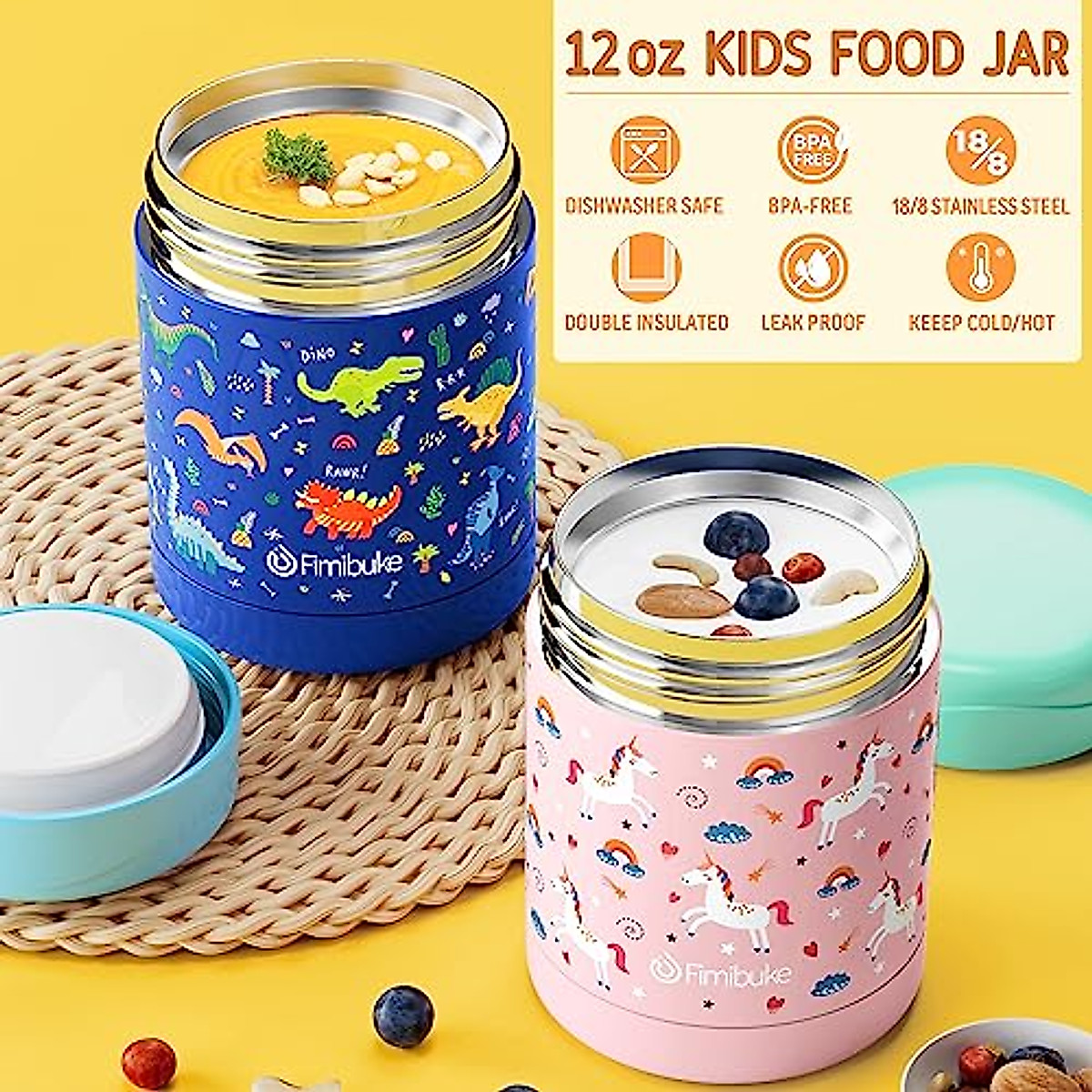 Fimibuke Kids Bento Snack Lunch Box with 4 Compartment, Insulated lunch Bag, Stainless Steel Vacuum Thermos Food Jar, Ice Pack, Utensils Set, Birthday Gift for Age 3-12 Back to School Toddler Girl Boy