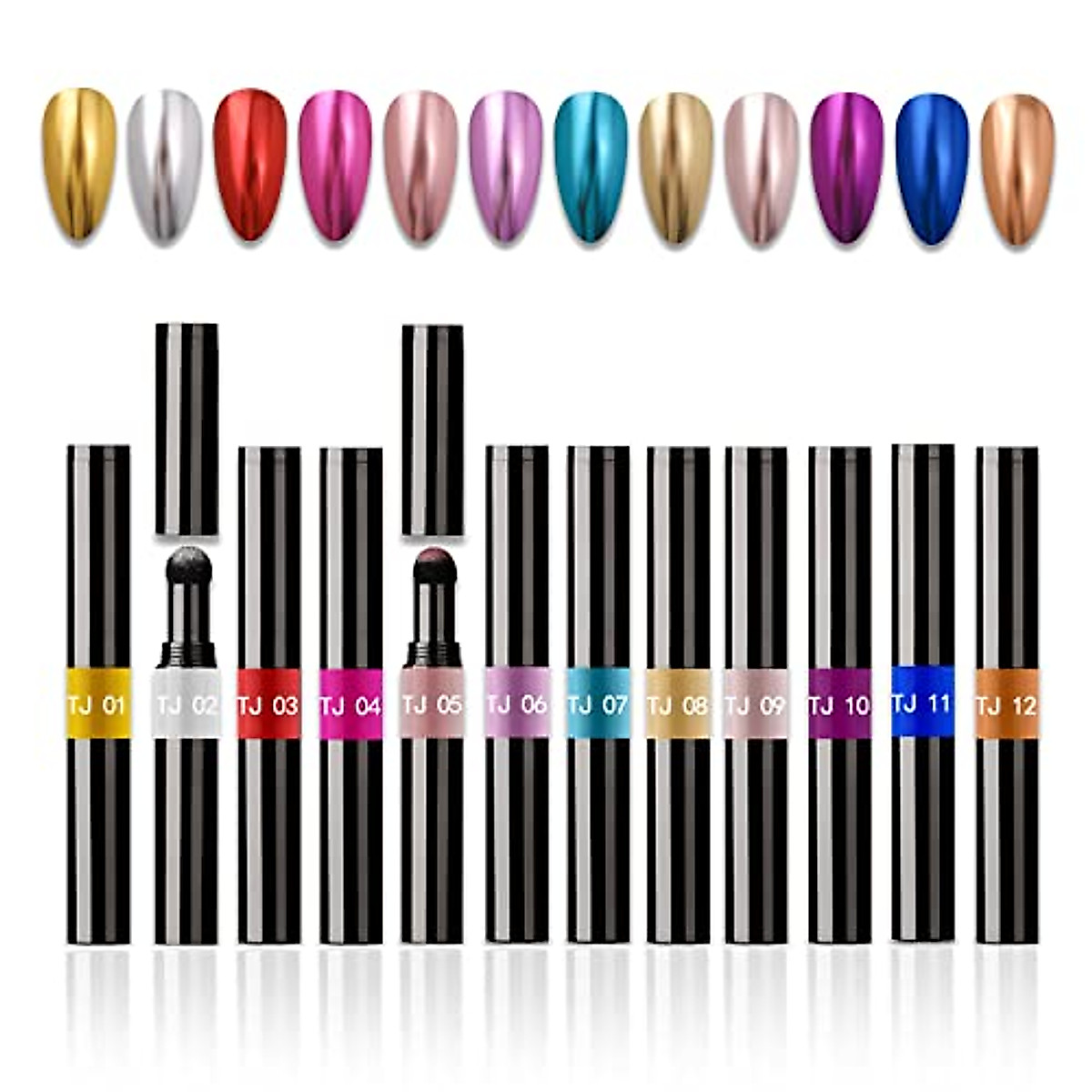 RoseFlower 12 Colors/Set Chrome Nail Powder Pen Holographic Nails Powder with Mirror Effect, Manicure Cushion, Neon Holographic Metallic Luster Powder Aurora Effect Pigment Glitter Fine Nail Art