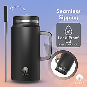 ALBOR 50 oz Tumbler With Lid and Straw, Leak Proof Durable Stainless Steel Insulated Tumbler With Handle, Spill Proof Water Bottles With Straw (Black)