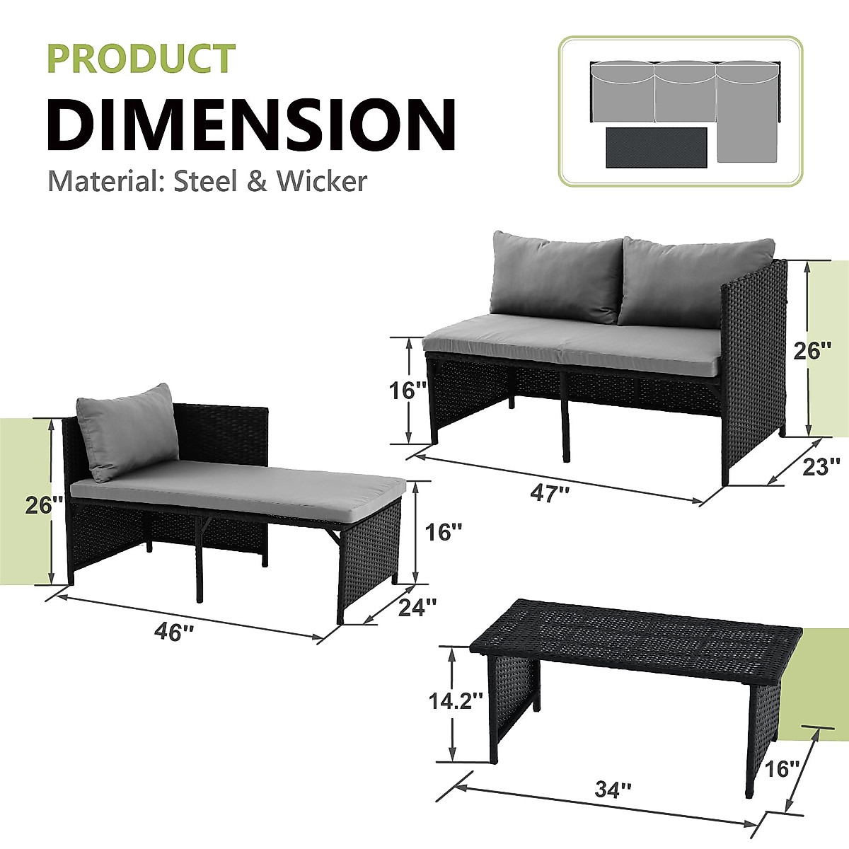 Olaterior 3 Piece Patio Furniture Set, Outdoor Sectional Sofa, All-Weather Black PE Wicker Rattan Patio Conversation Set with Cushion & Coffee Table, Modern Outdoor Couch for Lawn Porch Backyard, Grey