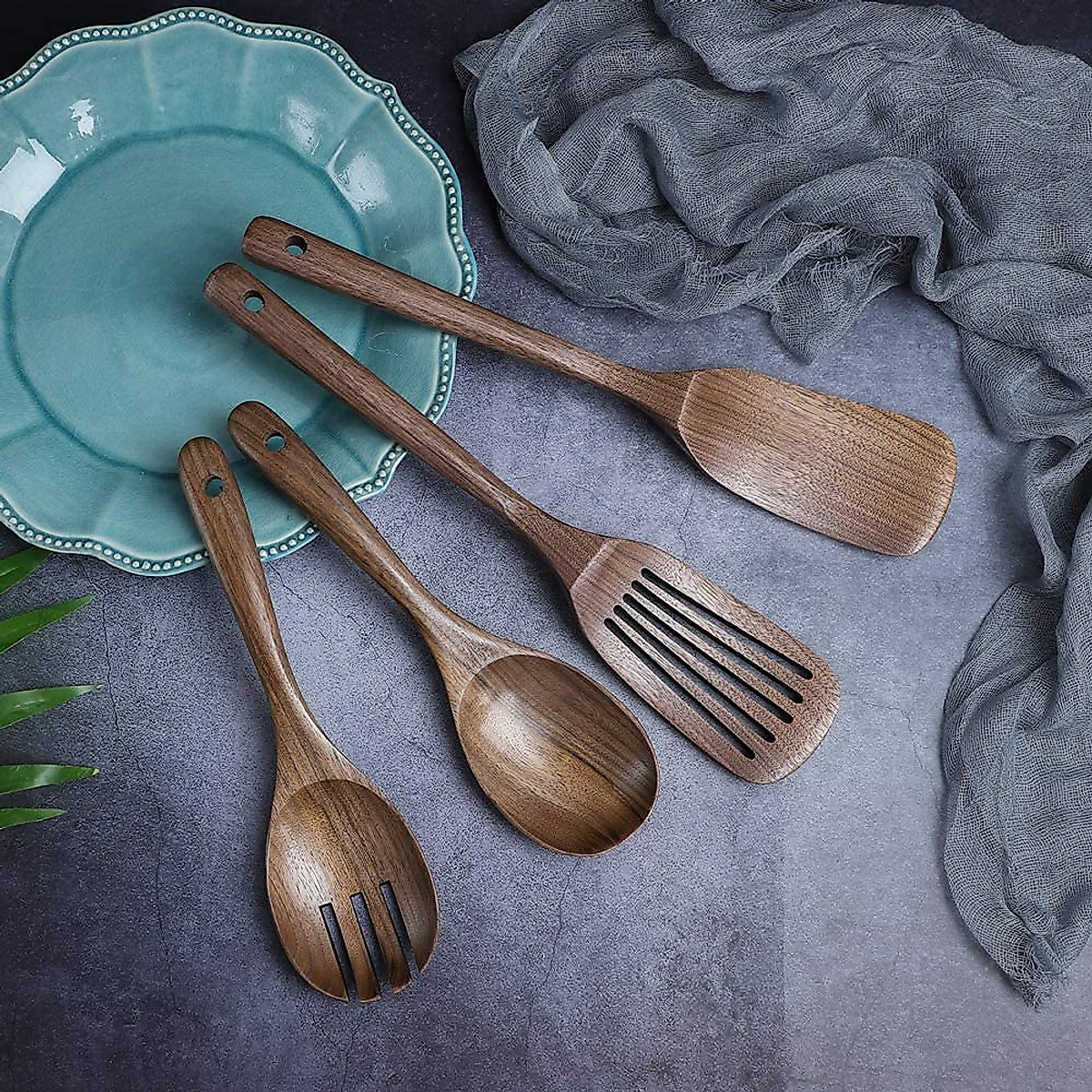 Wooden Spoons Spatula for Cooking，Walnut Wooden Kitchen Cooking Utensil Set 4 Pcs Cookware Household Shovel Spoon Fork Cooking Set Handmade Kitchen Tableware