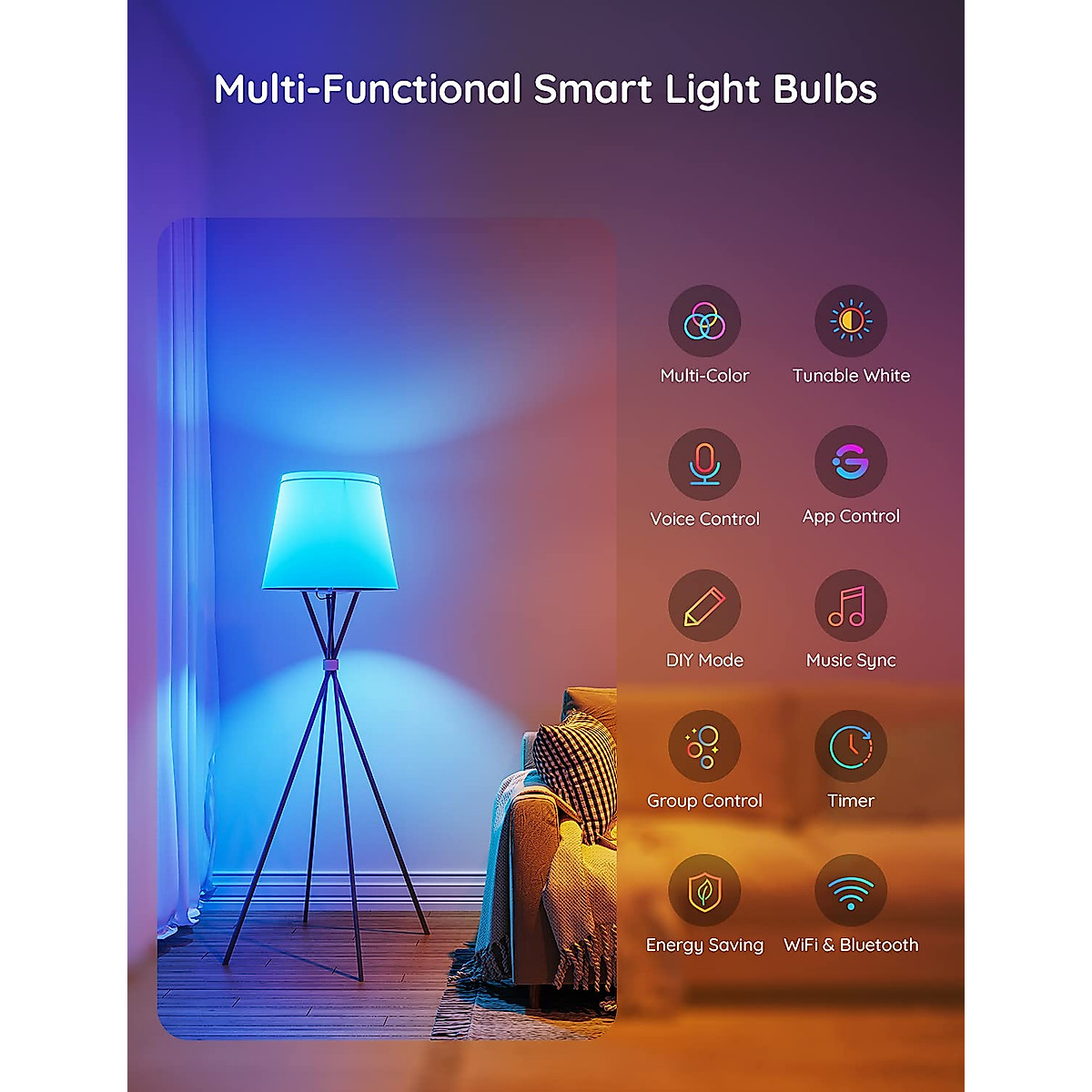 Govee Smart Light Bulbs, WiFi Bluetooth Color Changing Light Bulbs, Music Sync, 54 Dynamic Scenes, 16 Million DIY Colors RGB Light Bulbs, Work with Alexa, Google Assistant, 800 Lumen, 8 Pack