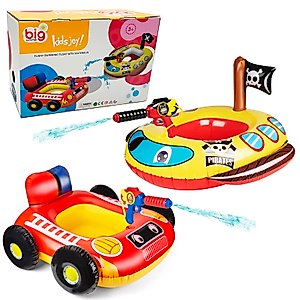 2 Pack Inflatable Kids Pool Floats with Water Gun, Pool Toys for Kids Ages 4-8, Blow Up Pool Floats Kids, Toddlers Swimming Pool Game Toys, Firetruck and Pirate Ship Floaties for Boys Girls and Child