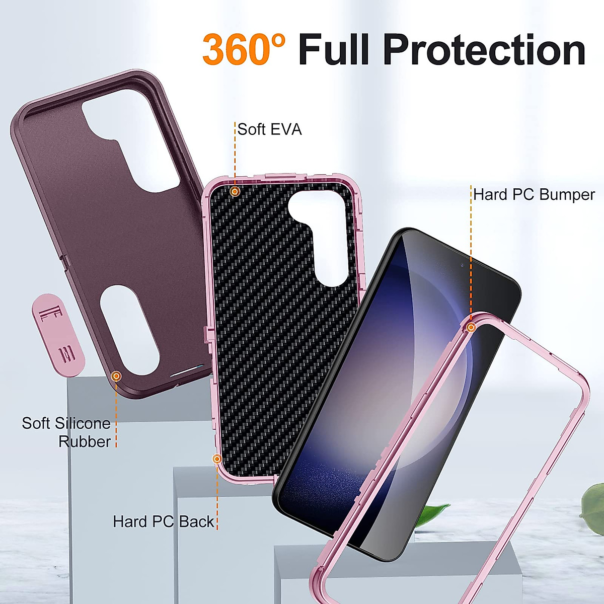 BaHaHoues Samsung Galaxy S23+ Plus Case, Shockproof/DropProof Military Grade Protective Cover with Built in Kickstand, Wireless Charging Compatible, Night Purple/Baby Pink