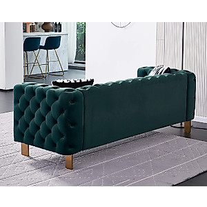 Kakotito Tufted Sofa Couch, 84 Inches Long Upholstered Sofa with 2 Pillows,High Arm and Strong Metal Legs, Couches for Living Room, Office, and Bedroom (Button Tufted, Green)