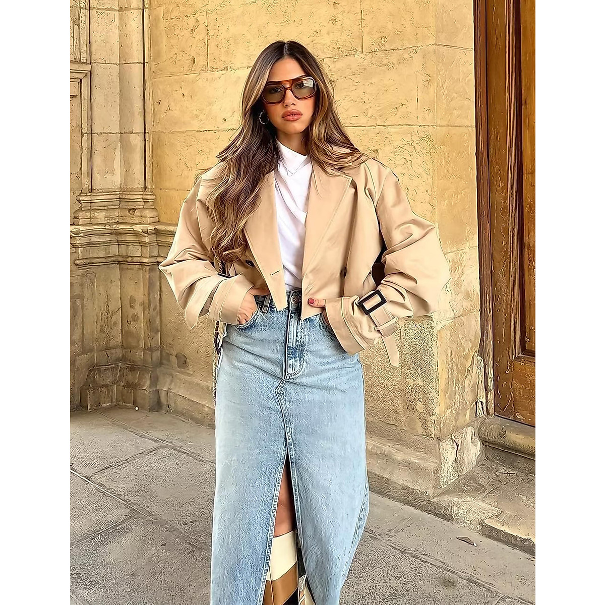 Faleave Womens Cropped Jacket Long Sleeve Belted Trench Coat Solid Color(Khaki-M)