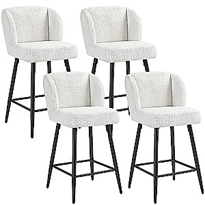 Yaheetech Bar Stools Set of 4 Boucle Fabric Upholstered Counter Height Stools Armless Kitchen Island Stools with Black Metal Legs for Pub Club Kitchen, White