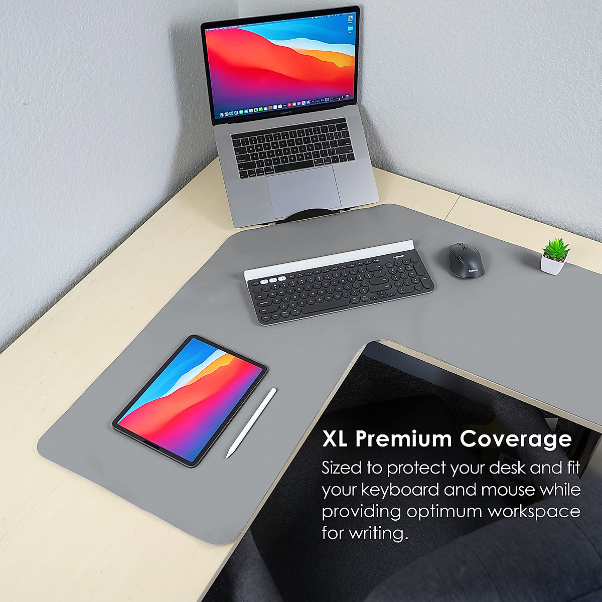 Con-Tact Brand XL Corner Desk Pad | Waterproof Anti-Slip PU Leather | Large Corner Computer Workstation Protection |Mouse Pad Gaming Pad | 36" X 15.7" L Shape |Dual Sided (Sand/Gray)