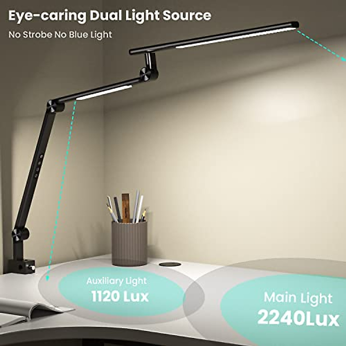 Arteasy LED Desk Lamp, Desk Light for Home Office, Dual Light Source 18W Brightest, Eye-Caring Optical Lens, Office Lamp, 5 Color Modes & Brightness, Aluminum Alloy Clip on Lamp, Clamp Lamp, Black