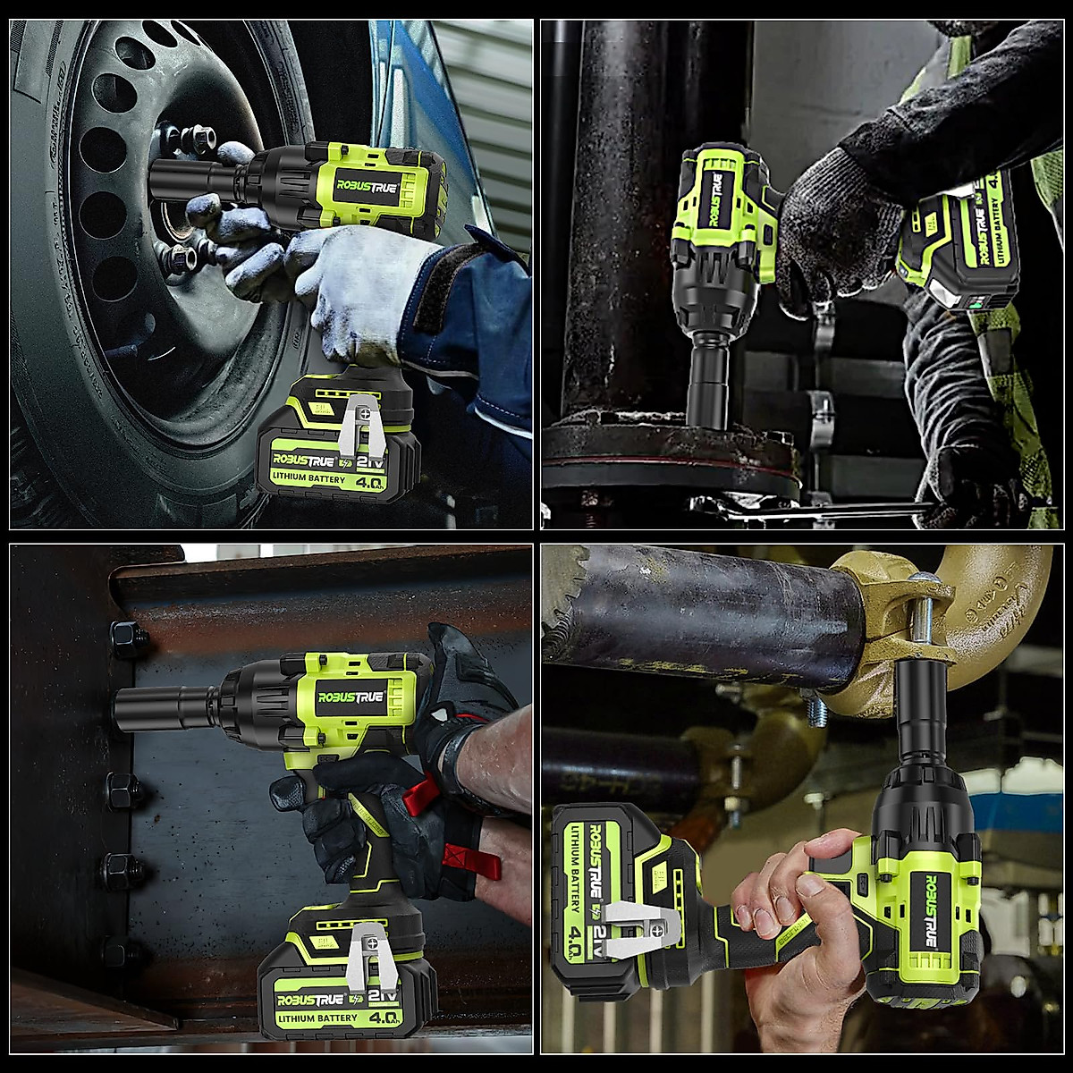 Robustrue 1000N.m(740ft-lbs) Cordless Impact Wrench, High Torque Brushless 1/2 Impact Gun, 2 x4.0Ah Battery 21V Max, Fast Charger, 4 Sockets, Pistola De Impacto for Home Car Tires Truck Mover