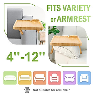 Couch Arm Table Tray, Bamboo Sofa Arm Tray Clip on Side Table with 360° Phone Holder, Foldable Couch Tray for Eating,Drinking,Snacks,Coffee,TV,Remote