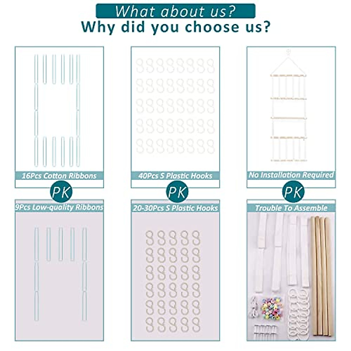 48" X 15" Headband Holder, Baby Headband Organizer w/16Pcs Cotton Ribbons, 40Pcs S Hooks, 1Pc Non-Trace Hook & 1Pc Cotton Rope, Bow Holder for Girls Hair Bows for Wall, Door or Closet